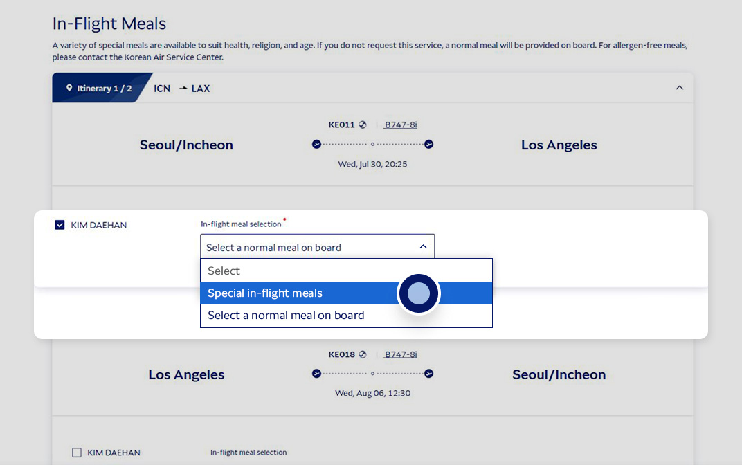 Pre-order in-flight meals